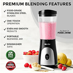 Mueller Personal Blender for Shakes and Smoothies with 15 Oz Travel Cup and Lid, Juices, Baby Food, Heavy-Duty Portable Blender & Food Processor, Black