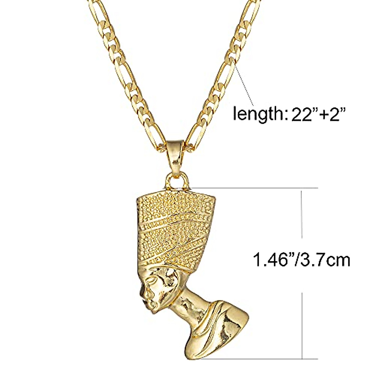 kelistom Egyptian Queen Nefertiti Pendant Necklace for Women | 18K Gold Plated Pendant Necklace | 3mm Figaro Chain Necklace 18/22 inches (22)