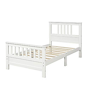 POCIYIHOME Twin Wood Platform Bed with Headboard and Footboard, Modern Bed Frame with Solid Wood Slat and Support Legs for Bedroom, Simple and Classic Design,No Box Spring Need, White (Twin)