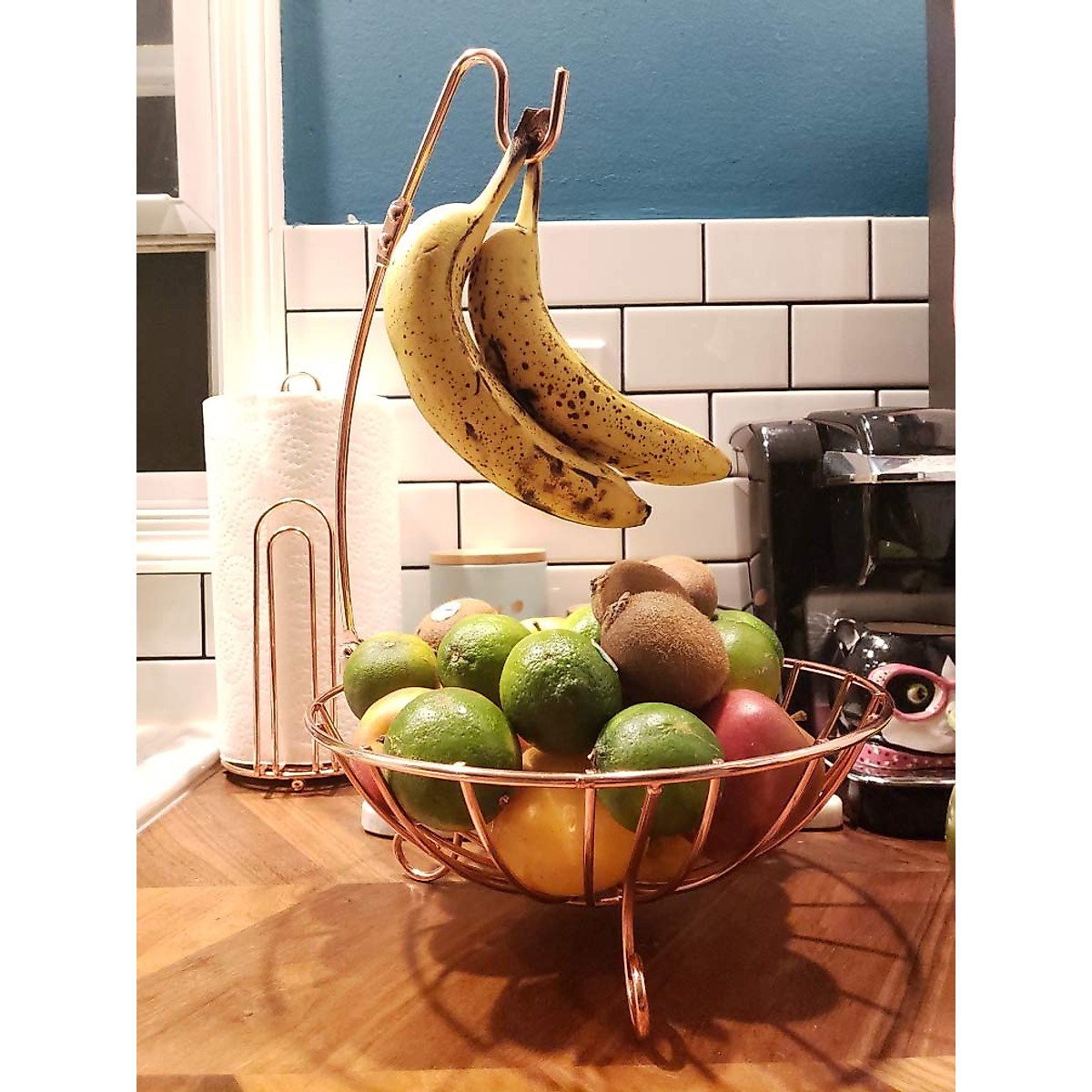 BaHoki Essentials Fruit Tree Bowl with Foldable Banana Hanger, Wire Storage Basket (Copper/Rose Gold)