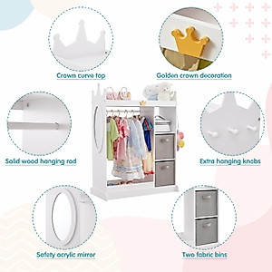 GTOLV Kids Dress up Storage with Mirror, 2 Storage Bins & Cloth Hanger, Kids Play Armoire Dresser Pretend Storage Closet for Bedroom, Kids Room, Playroom (White)