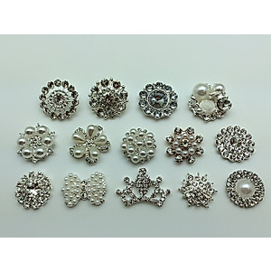 PEPPERLONELY Brand 12PC Mixed Style Acrylic Pearl Rhinestone Flat Back Alloy Metal Embellishments & Sew On Buttons 13/16~1-3/16 Inch