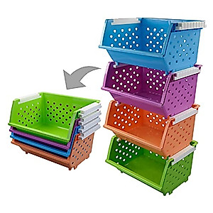 Ramddy 4-Pack Large Plastic Stackable Storage Basket, Multi-functional Colored Toy Stacking Bins