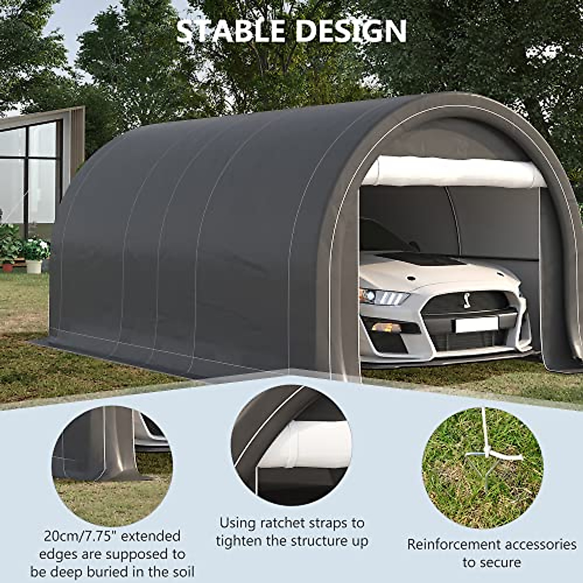 Outsunny 16' x 10' Carport, Heavy Duty Portable Garage/Storage Tent with Large Zippered Door, Anti-UV PE Canopy Cover for Car, Truck, Boat, Motorcycle, Bike, Garden Tools, Outdoor Work, Gray