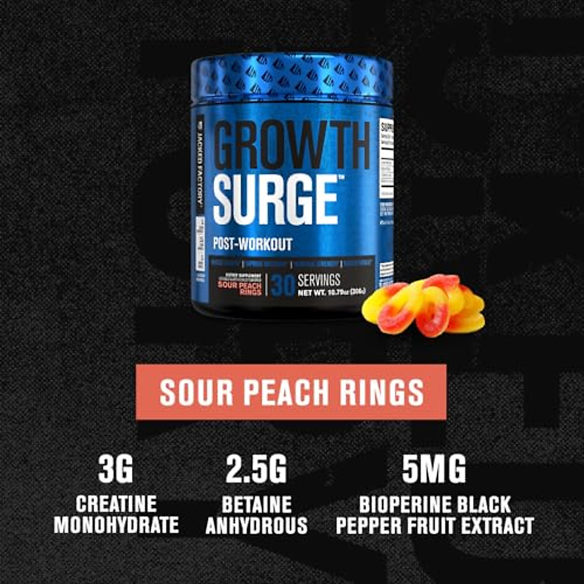 Jacked Factory Growth Surge Creatine Post Workout w/L-Carnitine - Daily Muscle Builder & Recovery Supplement with Creatine Monohydrate, Betaine, L-Carnitine L-Tartrate - 30 Servings, Sour Peach Rings