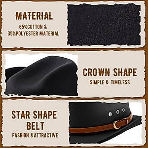 Breathffy 2 Pcs Cowboy Hat Felt Wide Brim Cowgirl Hats with Belt Classic Outdoor Western Hats for Women Men Adults (Black,Coffee)