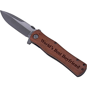 Personalized Add Your Custom-Made Text Folding Aluminum Engraved Name Customized Pocket Hunting Personal Knife with Pocket Clip (Wood Handle)
