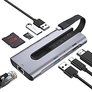ESR 8-in-1 Portable Hub, USB-C Hub with Gigabit Ethernet, 4K@30Hz HDMI, 100W PD, 2 USB 3.0 Ports, 1 USB 2.0 Port, SD Card Reader, Compatible with iPad 10/Pro 11/12.9, MacBook Pro, and USB-C Devices