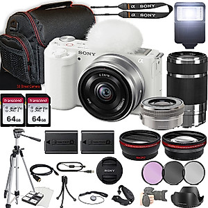 Sony ZV-E10 Mirrorless Camera (White) w/E PZ 16-50mm f/3.5-5.6 OSS Lens + E 55-210mm f/4.5-6.3 OSS Lens + 2X 64GB Memory + Case + Filters + Tripod & More (35pc Bundle) (Renewed)
