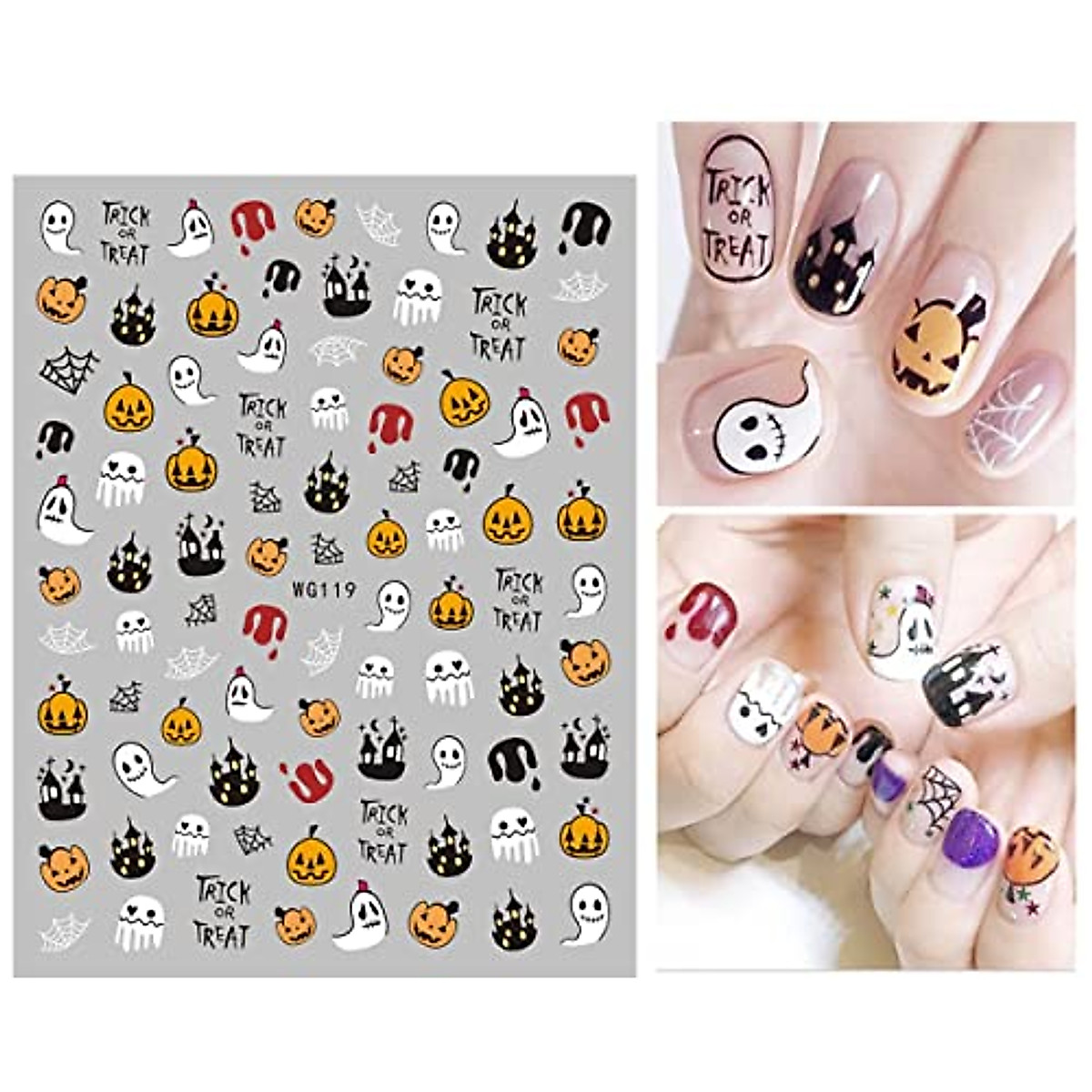 8 Sheets Halloween Nail Art Stickers Decals Self-Adhesive Pegatinas Uñas Cute Ghost Pumpkins Skull Spider Web Nail Supplies Nail Art Design Decoration Accessories