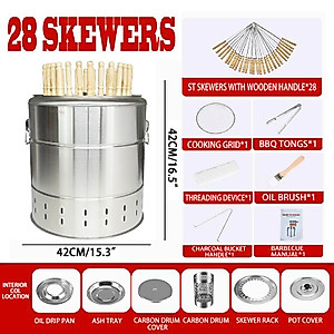 Smokeless Barbecue Hanging Grill With 28 Skewers Stainless Steel Charcoal BBQ Stove Charcoal Braised Grill Barrel Large Capacity Portable 360° All Round Roasting Oven (42cm*39cm (16.5''x15.4''))