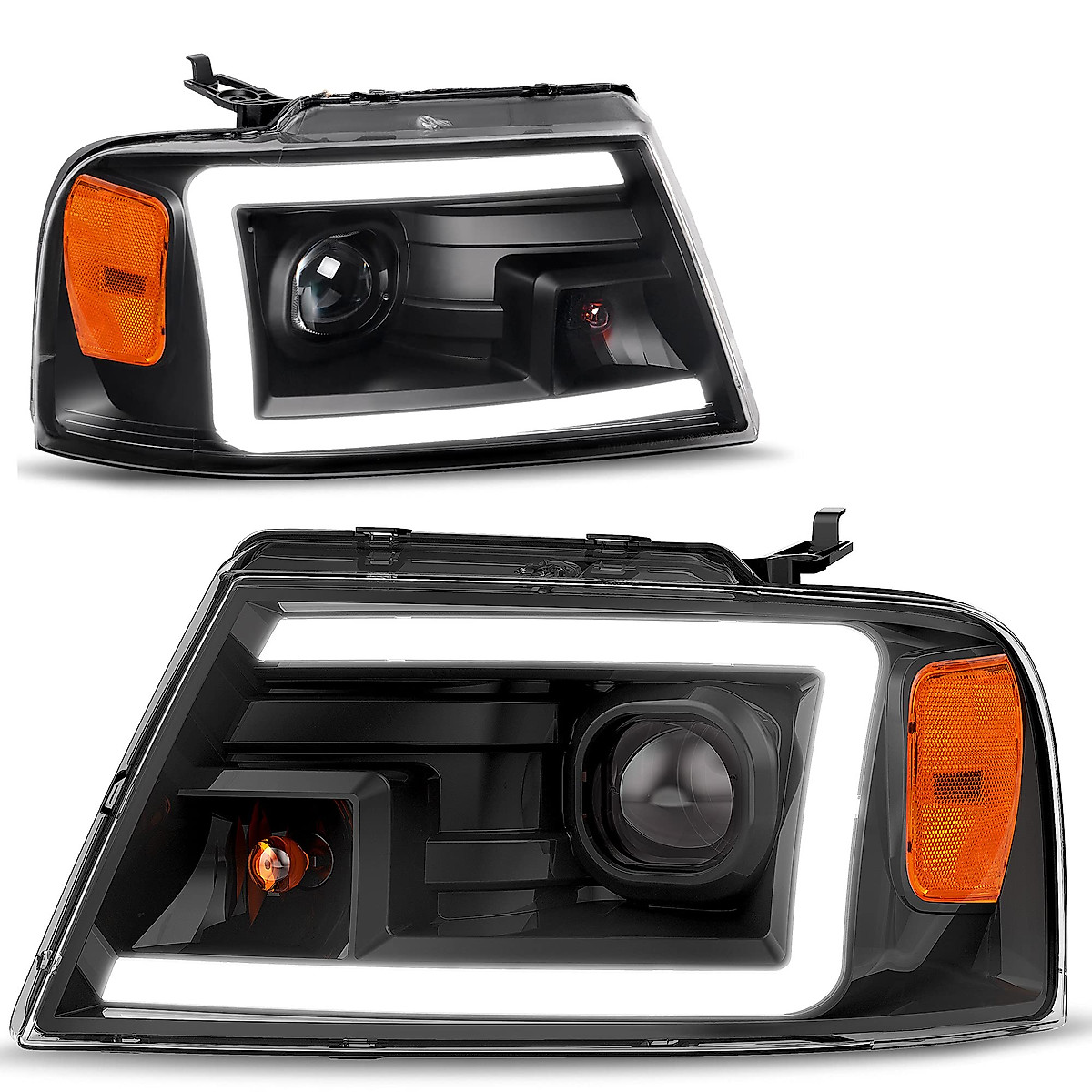 AUTOSAVER88 LED DRL Headlights Assembly Compatible with 2004-2008 04-08 FORD F150 Headlamp Replacement Pair Black Housing (NOT Compatible with 2004 F150 Heritage/Flareside Beds Models)