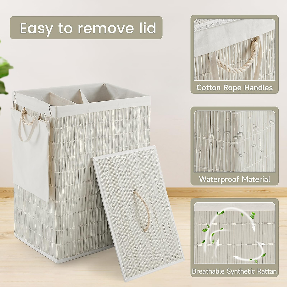 Laundry Hamper with Lid, 55.5 Gallon (210L), Large Handwoven Rattan Laundry Basket, 3 Section Clothes Hamper with Handles, 2 Removable Liner and Side Pocket, White