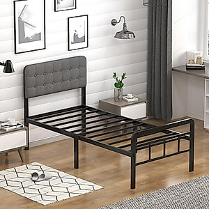 EMODA 16 Inch Twin Size Bed Frames with Upholstered Headboard and Metal Footboard, Heavy Duty Metal Slats Support Mattress Foundation, No Box Spring Needed, Easy Assembly