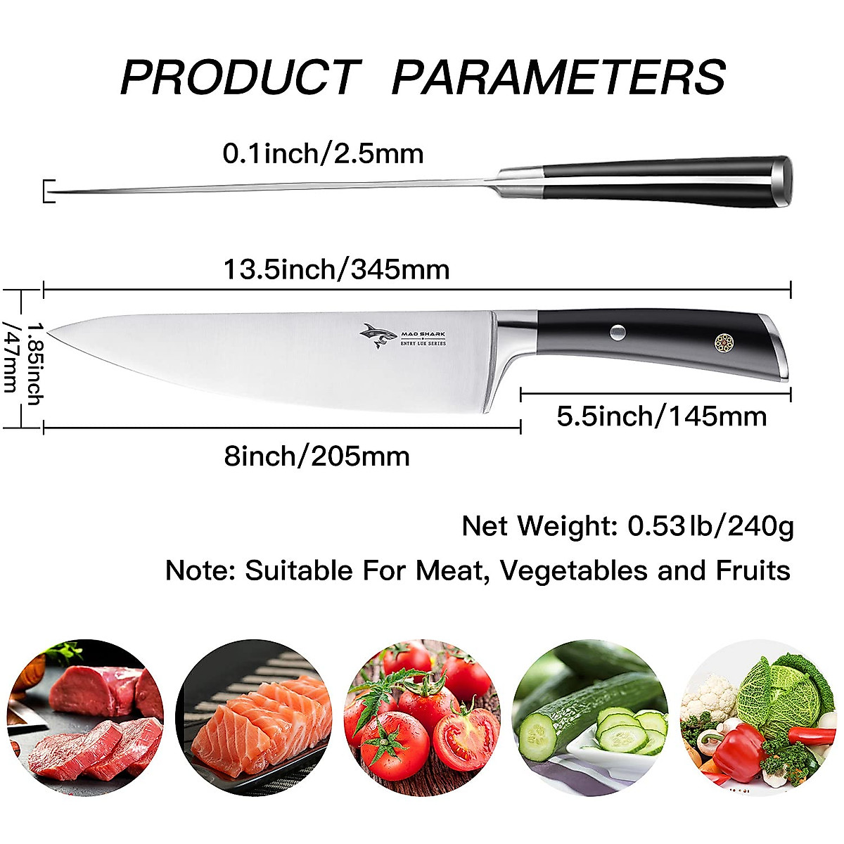 MAD SHARK Pro Kitchen Knife, 8 Inch Premium Chef Knife, German High Carbon Stainless Steel Ultra Sharp Chef's Knife with Ergonomic Handle & Gift Box, Perfect for Chopping Meat, Fish, Fruit, Vegetable