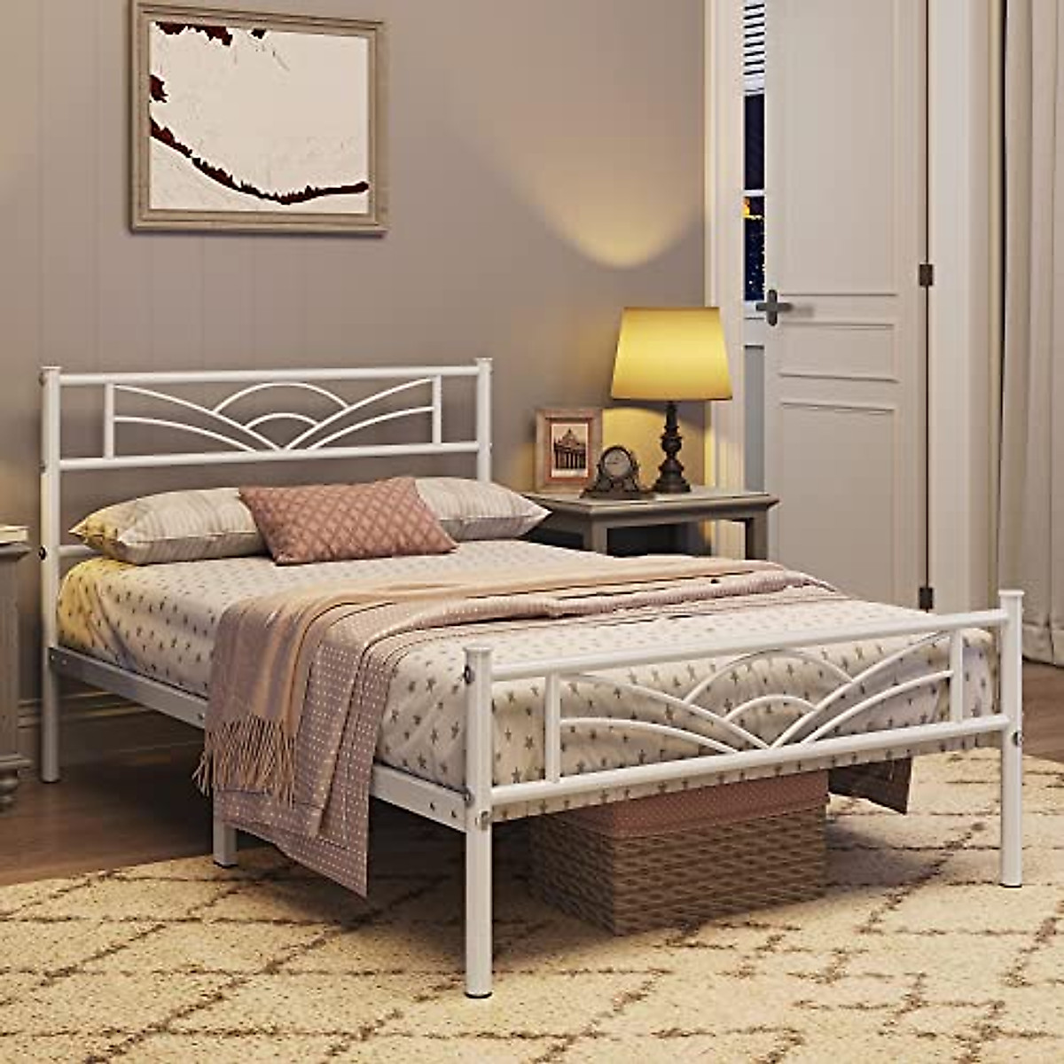 Yaheetech Twin Size Bed Frame Metal Platform Bed Mattress Foundation with Cloud-Inspired Design Headboard/Footboard/Ample Under Bed Storage/No Box Spring Needed/Twin Size White