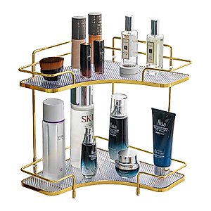 YCIA&DONE Corner Bathroom Countertop Organizer 2 Tiers, Vanity Organizer Corner Shelf, High Capacity Storage Rack for Skincare, Perfume, Cosmetics(Glory Gold)