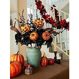 Anna's Whimsy 10PCS Halloween Decor Artificial Flowers Black Roses with Pumpkins, Halloween Table Centerpiece for Dining Kitchen Living Room Bedroom Front Door, Silk Flowers Bouquet Indoor Outdoor