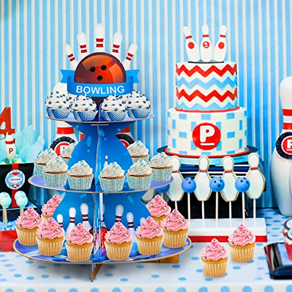 Bowling Party Decorations Cupcake Stand Cardboard 3 Tier Sports Theme Party Cupcake Tower Food Display Dessert Holders Tower Bowling Party Favors for Boy Kids Baby Shower Birthday Party Supplies