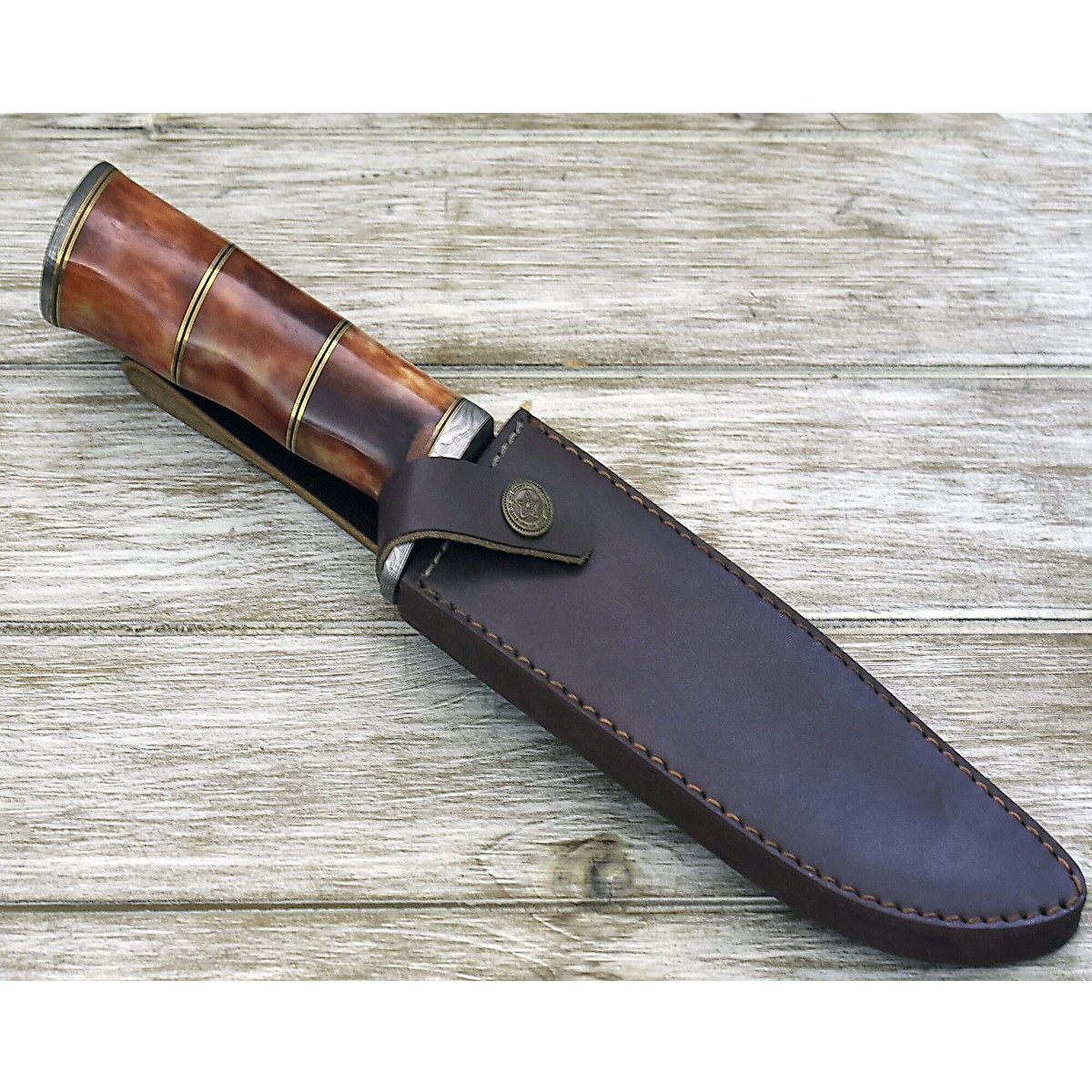 SHOKUNIN USA 7-Inch Full-Tang Damascus Steel Bowie Hunting Knife: Unique Bone Handle with Damascus Guard and Premium Leather Sheath Included