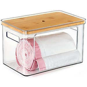 Hudgan Stackable Storage with Bamboo Top for Kitchen Laundry Room Organization, Extra Large Trash Bag/Garbage Bag Dispenser