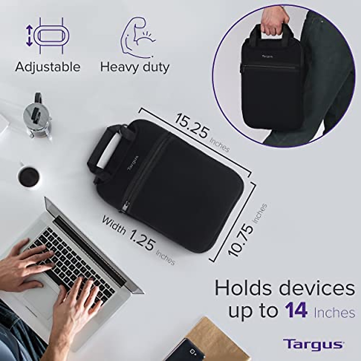 Targus Vertical Slipcase Messenger Bag Travel Laptop Bag with Hideaway Handles, Cross Shoulder Strap, Protective Padding for 14-Inch Laptop, Black (TSS913)