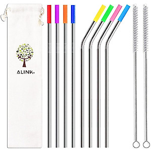 ALINK 8-Pack Stainless Steel Straws, 10.5” Long Reusable Replacement Metal Straws for 20 30 OZ Yeti Tumbler, RTIC, Tervis, Mason Jar, With 8 Silicone Tips, 2 Cleaning Brush and 1 Carrying Case