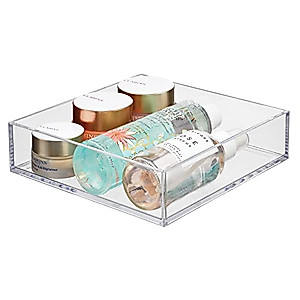 mDesign Plastic Bathroom Bin Tray - Square Storage Organizer for Vanity, Drawer, Dresser, Table - Perfect Countertop Tray for Organizing Makeup, Hand Soap, and More - Prism Collection - 6 Pack - Clear