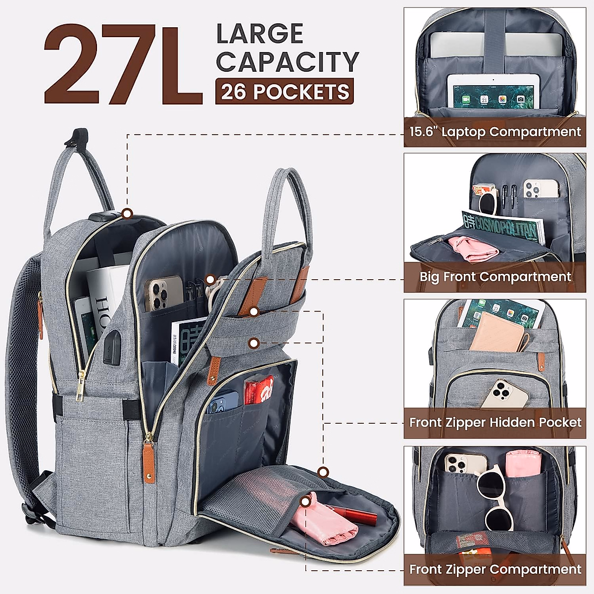 LOVEVOOK Laptop Backpack for Women & Men Unisex Travel Anti-Theft Bag Business Computer Backpacks Purse College School Student Bookbag, Casual Hiking Daypack with Lock, 15.6 Inch, Grey