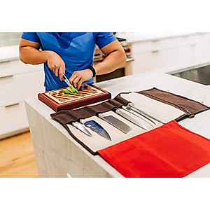 Chef's Knife Roll Bag | Extra Thick, Heavy Duty, Durable Waxed Canvas w/Cotton Liner | Stores 8 Knives plus Zipper Pocket | Portable Chef Knife Case with Leather Shoulder Strap | Knives Not Included