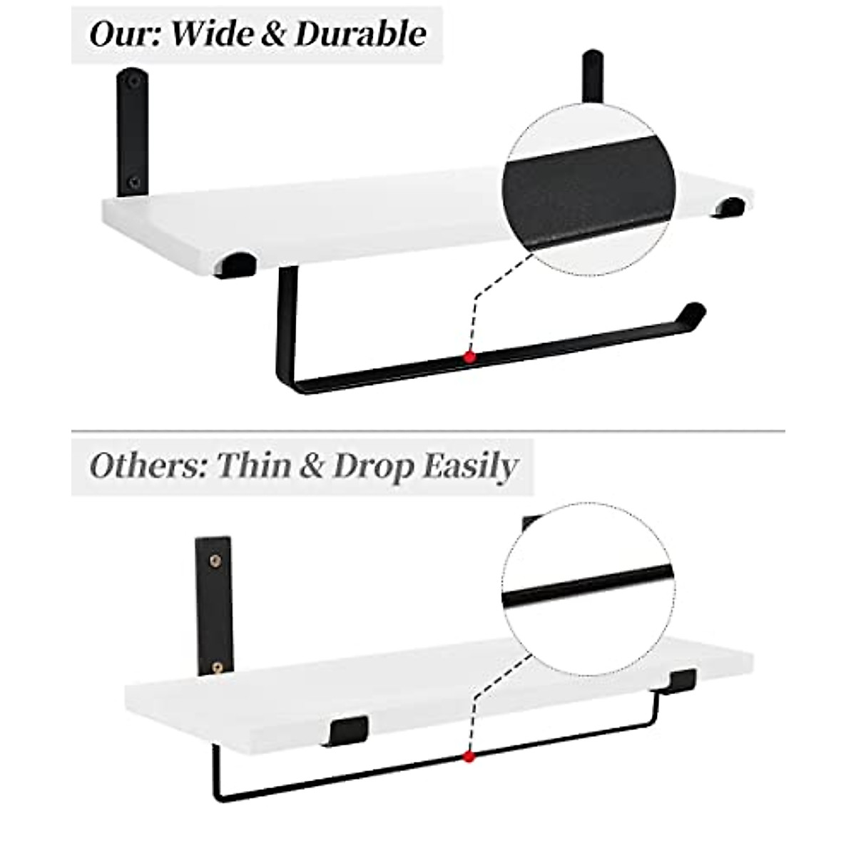 Godimerhea White Floating Shelves with Towel Holder, Modern Wall Mounted Shelf Set of 2, Neutral Wooden Storage for Wall Decorative Hanging Shelf for Bathroom, Kitchen, Living Room