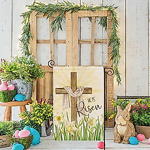 Easter Cross Garden Flag 12x18 Inch Double Sided,Religious Cross He is Risen with Narcissus,Small Spring Yard Flag for Outside Farmhouse Seasonal Holiday Outdoor Decor