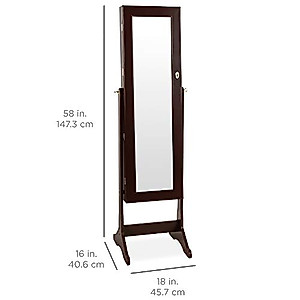 Best Choice Products Standing Mirror Armoire, Lockable Jewelry Storage Organizer Cabinet w/Velvet Interior, 3 Angle Adjustments - Brown