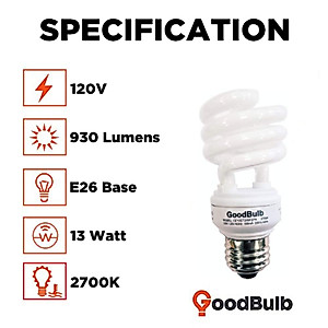 GoodBulb 13-Watt Compact Fluorescent Bulb - 2700K Warm White Color - Ultra Mini Spiral CFL Light Bulbs - E26 Medium Base (Pack of 2 Bulbs)