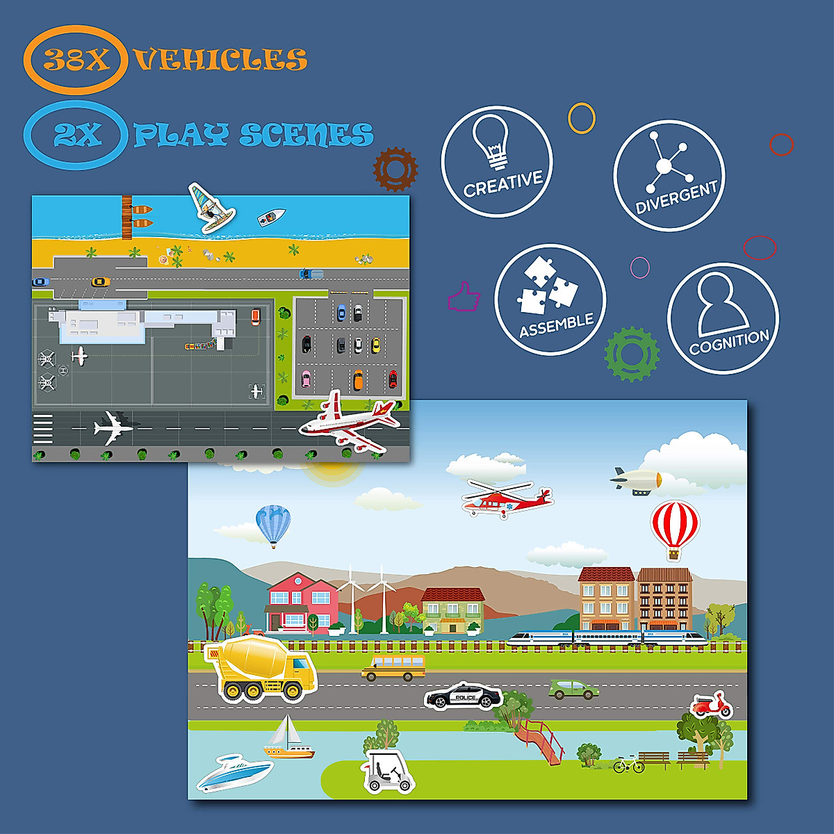 Magnetic Portable Playboard Cars Planes Boats Airport Country Farm Vehicles (39 Pcs)