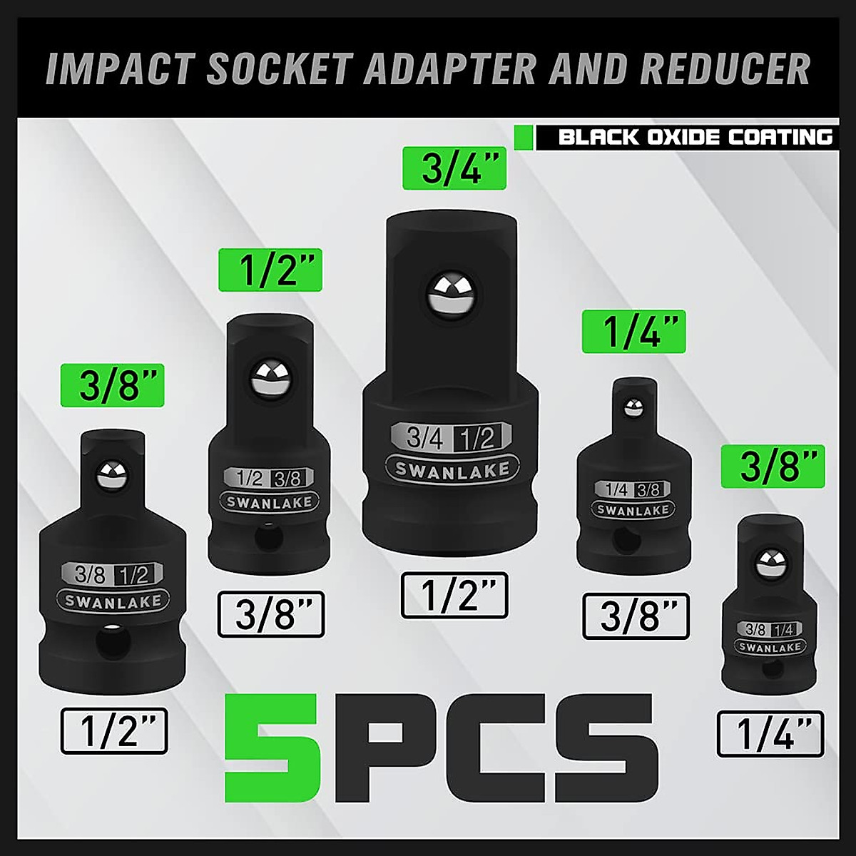 SWANLAKE 5-Piece Impact Socket Adapter Set, 1/4, 3/8, 1/2" SAE Socket Adapter, Cr-V Steel Impact Adapter Set