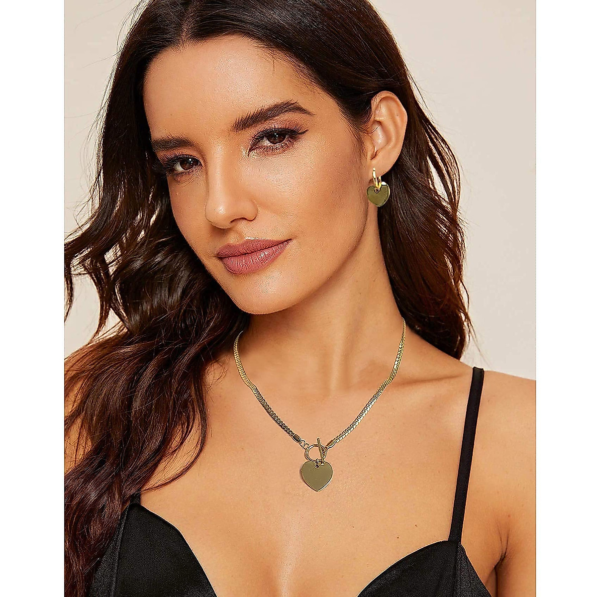 CLASSYZINT Heart Pendant Necklace and Bracelet Heart Hoop Dangle Earrings 14k Gold Plated Stainless Steel Gold Jewelry Set for Women