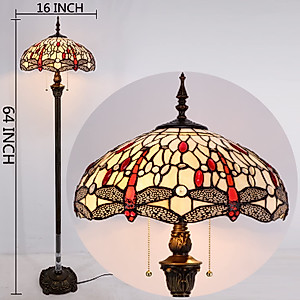WERFACTORY Tiffany Floor Lamp Dragonfly Amber Stained Glass Standing Reading Light 16X16X64 Inches Antique Pole Corner Lamp Decor Bedroom Living Room Home Office S557 Series