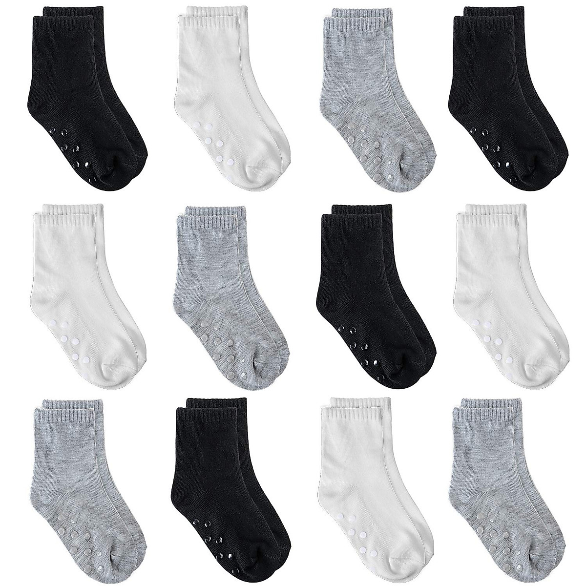 Tenpluszero 12 Pairs Non Slip Toddler Socks Crew Socks with Grips for Baby Boys Girls (Black,White,Grey, 2T/4T)