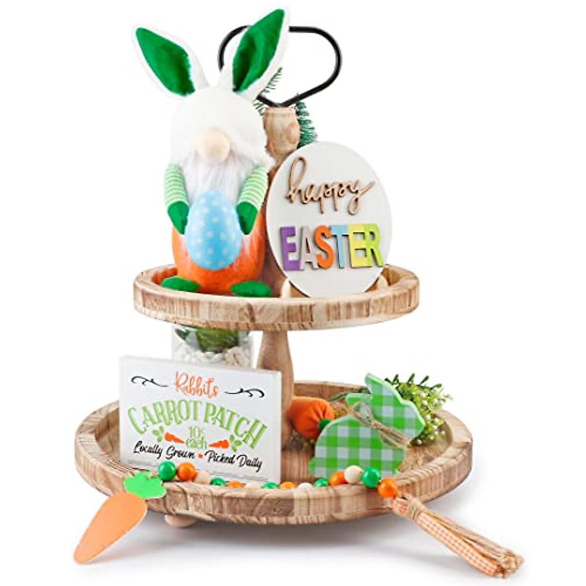 AKEROCK Easter Tiered Tray Decor, Easter Table Decorations Set with Plush Gnome Bunny & 3 Farmhouse Wooden Signs & Wooden Bead Garland for Home Decor (Tray not Included)