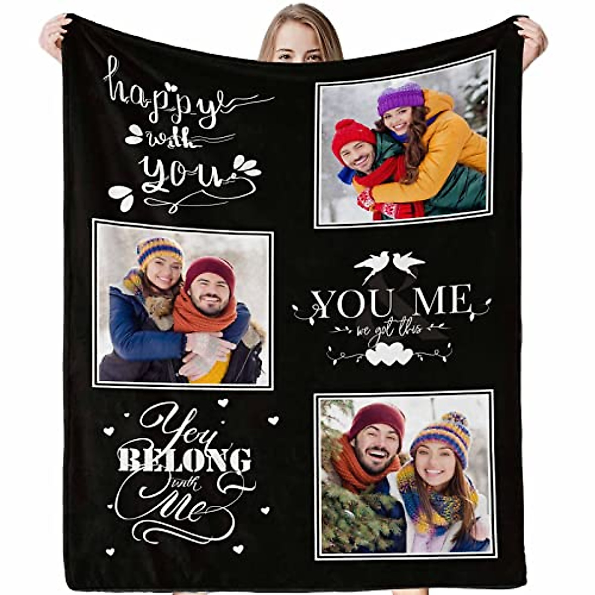 D-Story Custom Blanket with Photo Text Personalized Bedding Throw Blankets Customized Flannel Fleece Blankets for Family Birthday Wedding Gift Fits Couch Sofa Bedroom Living Room 80x60in
