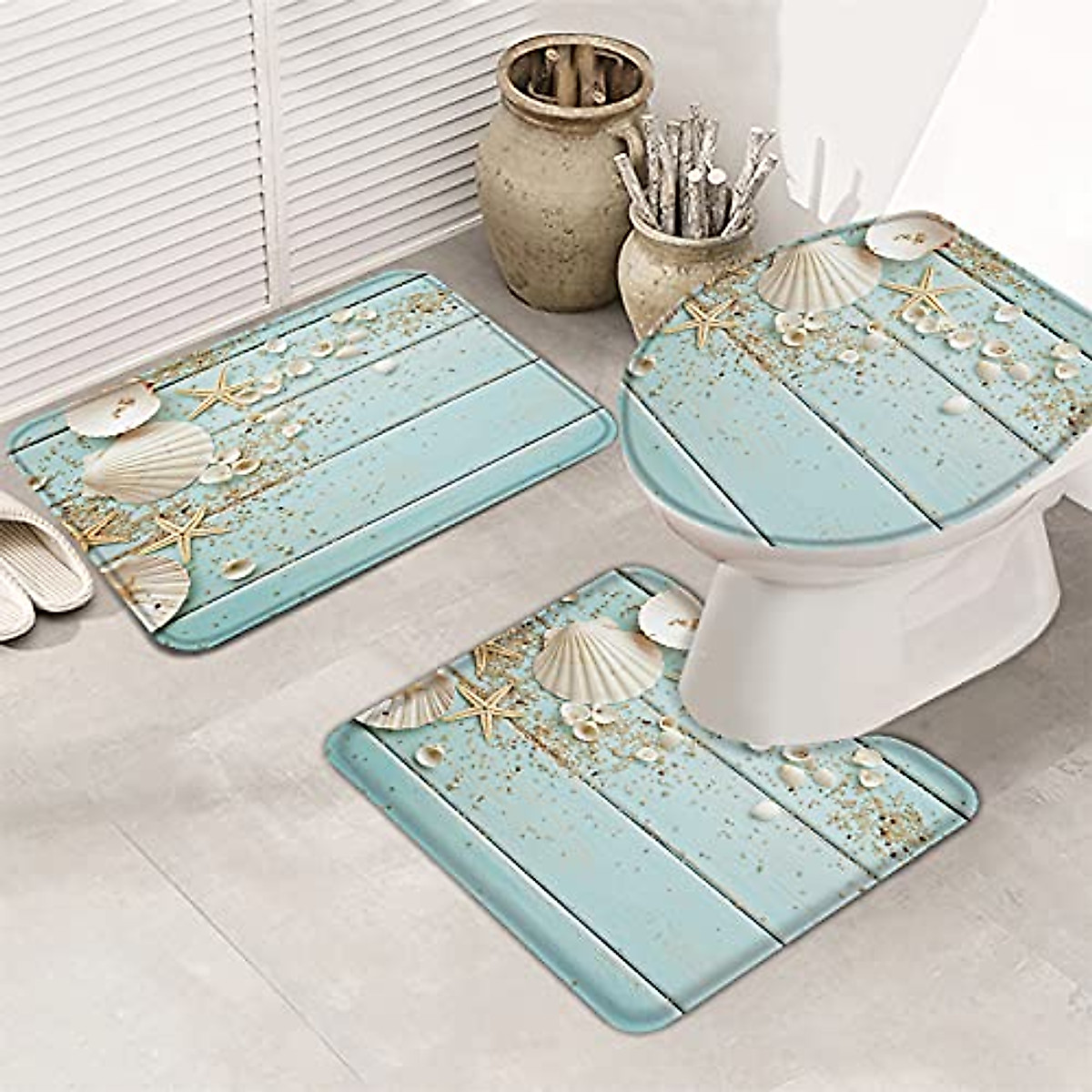 Apular Fashion 3 Piece Bath Rugs Set Starfish Beach Seashell Sand Wood Grain Board Printed Non Slip Ultra Soft Bathroom Mats, U Shape Mat and Toilet Lid Cover Mat Bath Mats
