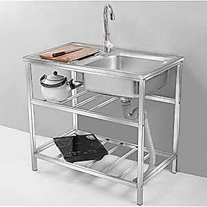 Commercial restaurant sink, stainless steel outdoor sink, freestanding utility sink with faucet and double shelf for bar, restaurant, kitchen, hotel, home, workshop, sink (Size : 75 * 40cm/30 * 16in)
