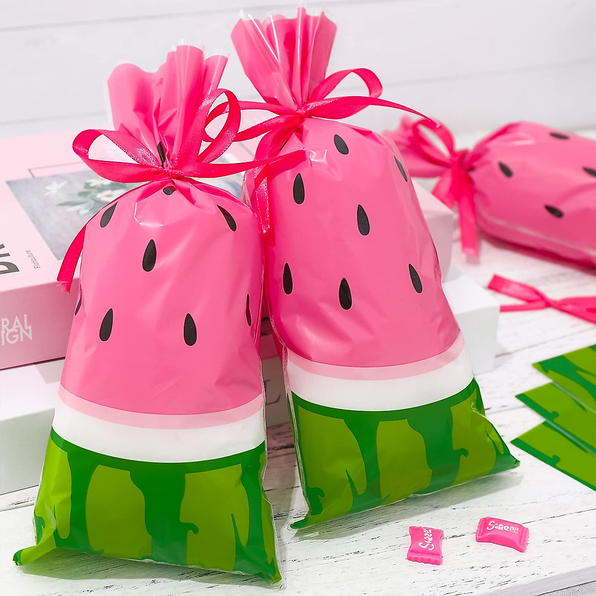 Whaline 100Pcs Watermelon Treat Bags Pink Green Candy Cellophane Bag 10.8 x 5 Inch Watermelon Plastic Goody Bags with Red Ribbon for Birthday Watermelon Party Favor Supplies Gift Summer Decoration