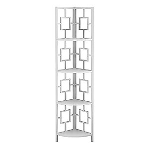 Monarch Specialties I 3613 Bookshelf, Bookcase, Etagere, Corner, 4 Tier, 62" H, Office, Bedroom, Metal, Laminate, White, Contemporary, Modern