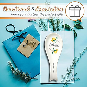 Christian Art Gifts Ceramic Spoon Utensil Rest for Women: Rejoice Always Inspirational Bible Verse, Stove & Kitchen Counter Top Home Décor, Blue Silicone Base, Lead/Cadmium-free, White & Yellow Lemon