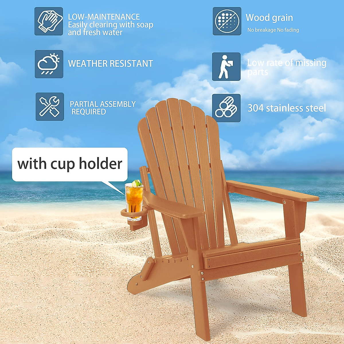 Plawdlik Folding Adirondack Chair,SGS Tested,Wooden Textured with Cup Holder,Widened Heavy All-Weather HDPE Comfortable Seating for Ourdoor Teak