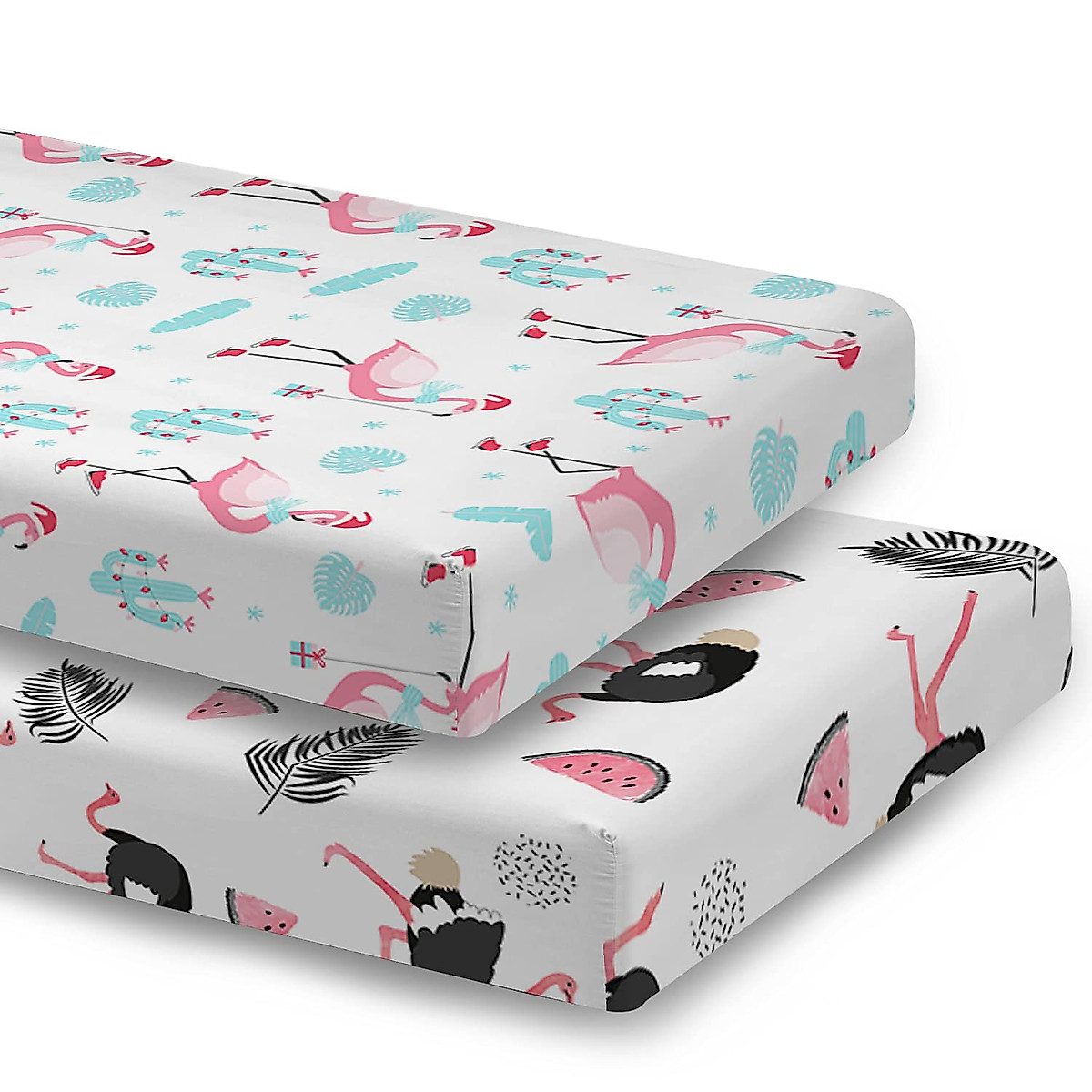 ARIGHTEX 2 Pack Flamingo Pattern Fitted Crib Sheets, Soft Jersey Knit, Breathable Baby Sheet, Pink White, Portable Mattress Topper for Girl, 28"x 52", Nursery Sheet Fits Standard Size