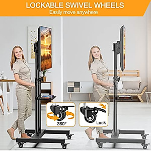 Mobile TV Stand with Wheels for 32 to 70 Inch Flat/Curved Panel Screen TVs Tilting TV Cart Height Adjustable Max VESA 600x400mm Extra Tall Rolling Floor Stand w/Shelf Supports TV up to 99lbs PGTVMC03