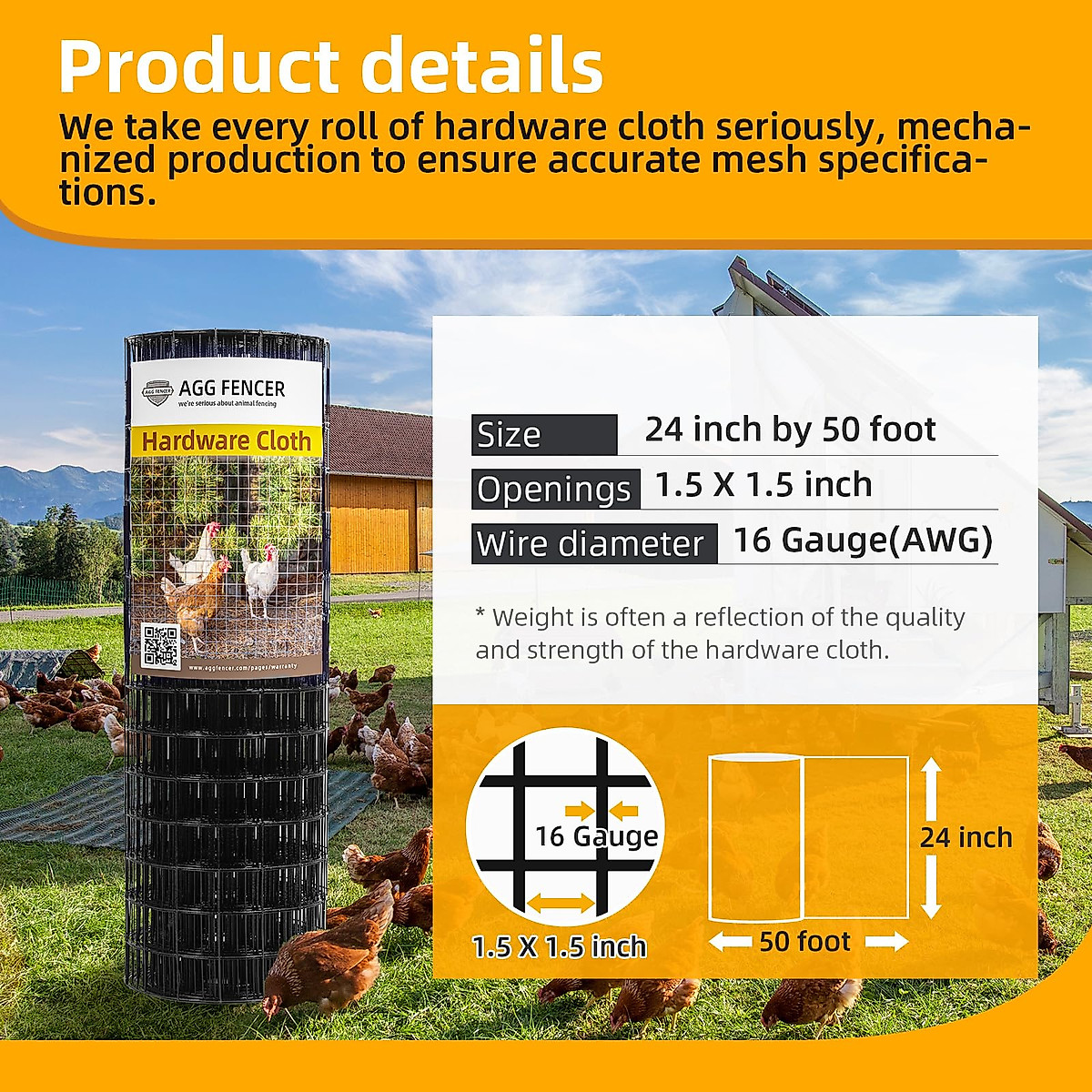 AggFencer 24in x 50ft Black Hardware Cloth 1.5 inch 16Ga PVC Coated Wire Mesh Vinyl Coated Fence, Welded Metal Chicken Wire Fencing Roll, Garden Plant Fencing, for Chicken Coop and Home Improvement